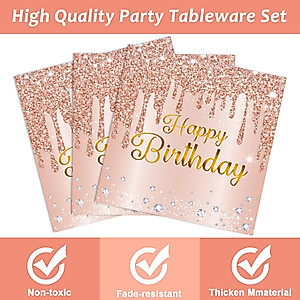 96 Pieces Happy Birthday Tableware Set for Pink Rose Gold Birthday Table Decorations Supplies Rose Gold Birthday Dessert Plates Napkins Forks for Women 24 Guests Birthday Disposable Party Favors