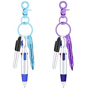 Sabary Mini Highlighter Nurse Pen Pack Set Nurse Pens for Badge Include Pink and Purple Tip Highlighter 2 Permanent Marker Pen and 2 Retractable Ball Pen with 2 Nursing Keychain Clip (Blue, Purple)