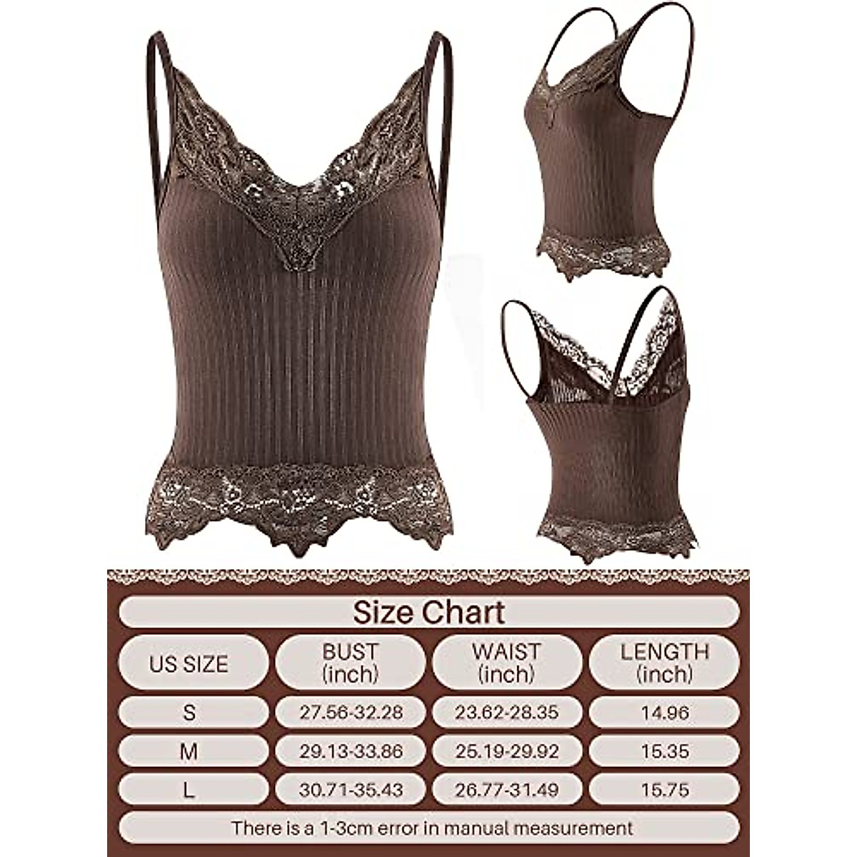 2 Pcs Women Lace Patchwork Crop Top Fairy Grunge Style Cropped Tees Y2k E Girls Clothes Cami Ribbed Knitted Tank Tops(Brown, Black,Small)