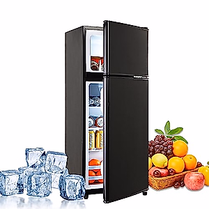EUASOO 3.5 Cu.Ft Compact Refrigerator with Freezer, Lock Fresh Energy Saving Comp, Vintage Double Door, 7 Level Adjustable Thermostat for Kitchen, Dorm, Bar, Office, Apartment-Black