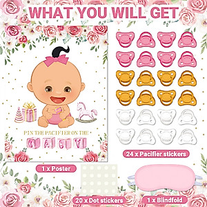 Faccito Pin The Pacifier Baby Shower Games Baby Shower Decoration Include Baby Poster 24 Pacifier Stickers Blindfold Floral Pin Pacifier on Baby Game for Baby Shower Birthday Party Supplies(Pink)