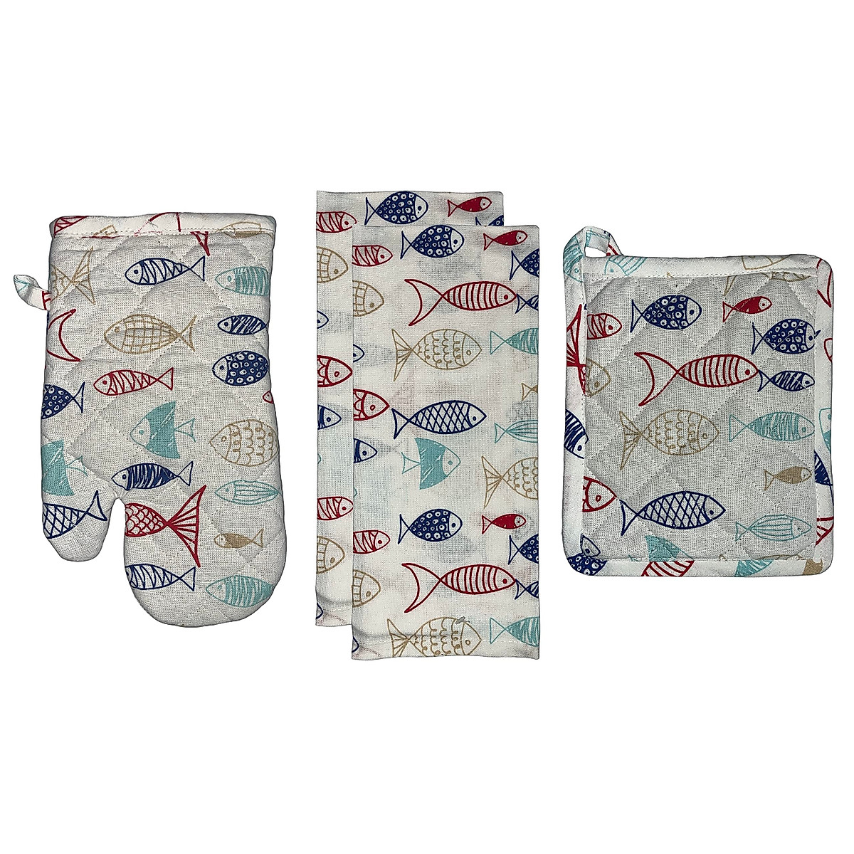 Set of 4, 100% Cotton, Coastal Nautical Fish Design, Kitchen Towel Set, Include 2 Kitchen Towels, 1 Pot Holder & 1 Ovenmitt