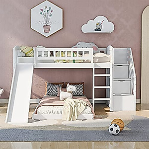 Bunk Beds with Slide Twin Over Twin Low Bunk Bed Frame with Storage Drawers Stairway Wood Bunk Bed for Kids Boys Girls, White