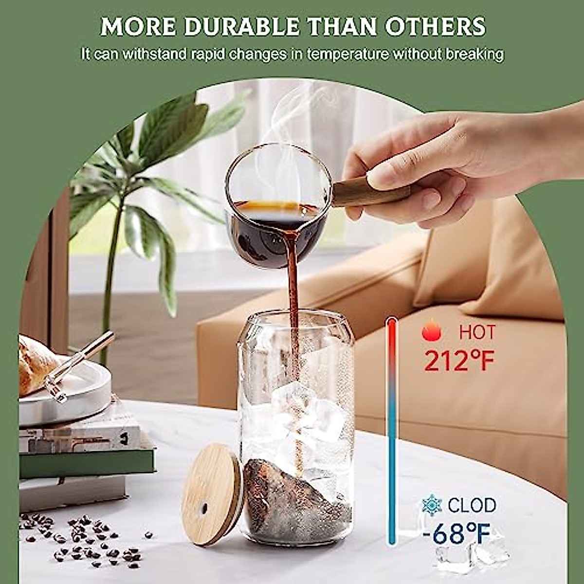 4 PCS Glass Cups with Bamboo Lids and Glass Straws and Stainless Steel Stirring Spoon. 16 Oz Can Shaped Ice Glass Coffee Cups, Drinking Glasses and Beer Glasses and for Whiskey, Tea, Soda, Water