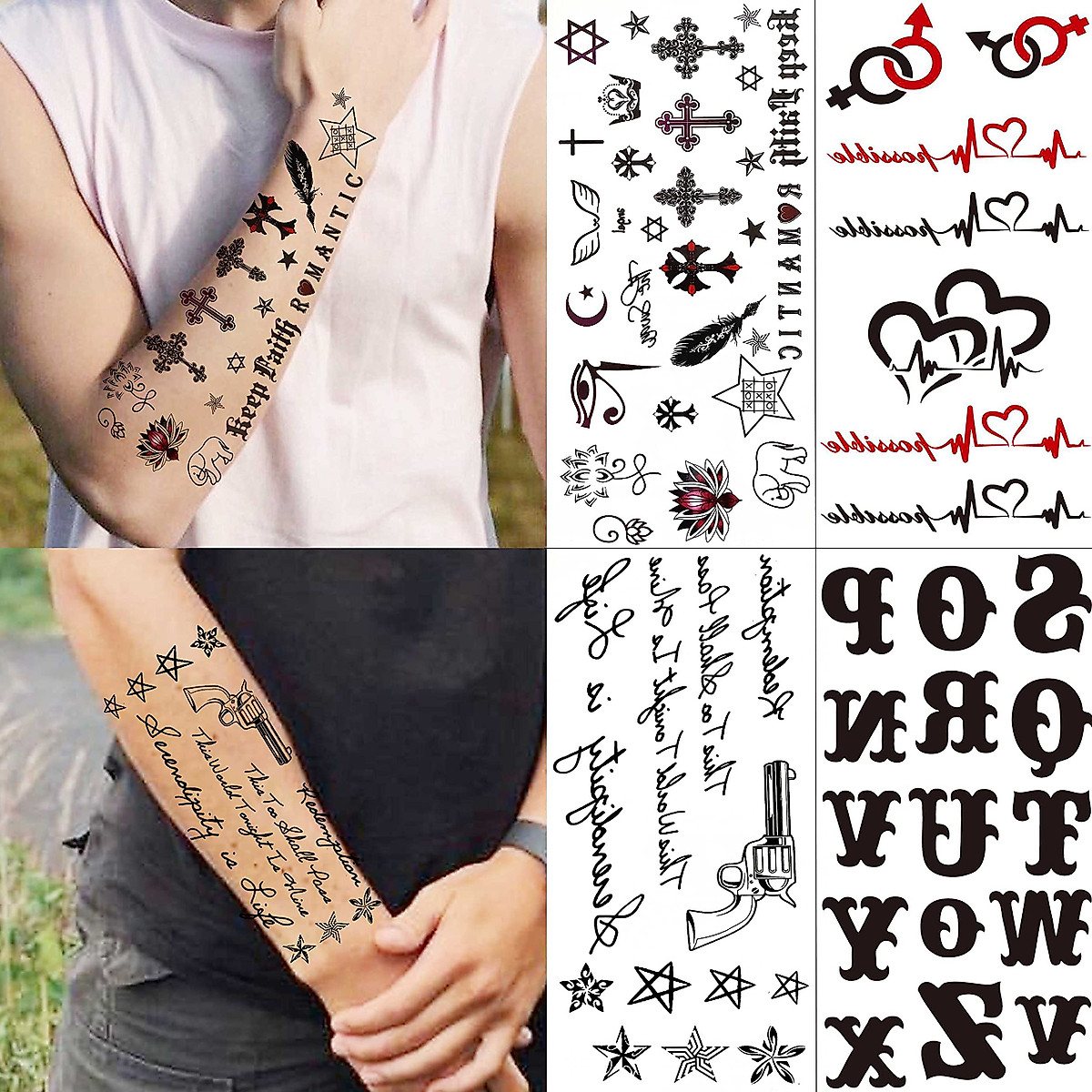 TASROI 18 Sheets Black Inspired Quotes Temporary Tattoos For Women Kids Children Long Lasting Letter Alphabet Words Fake Tattoo Stickers Birds Cross ECG infinity Moon Star Neck Arm Tatoo For Men Adult