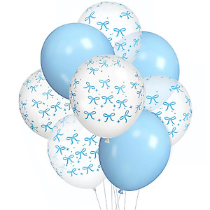 JarThenaAMCS 30Pcs Party Decoration Blue Bow Latex Balloon 12 in Blue White Bowknot Party Balloon Cute Bowtie Printed Clear Balloon for Birthday Bachelorette Bridal Party Decor
