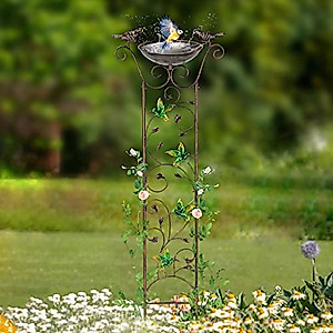 SUNNYPARK Bird Bath with Trellis Outdoor, Antique Garden Iron Plant Trellis with Decorative Hummingbirds Detachable Bird Bath Bowl Metal Potted Plant Support for Climbing Flowers