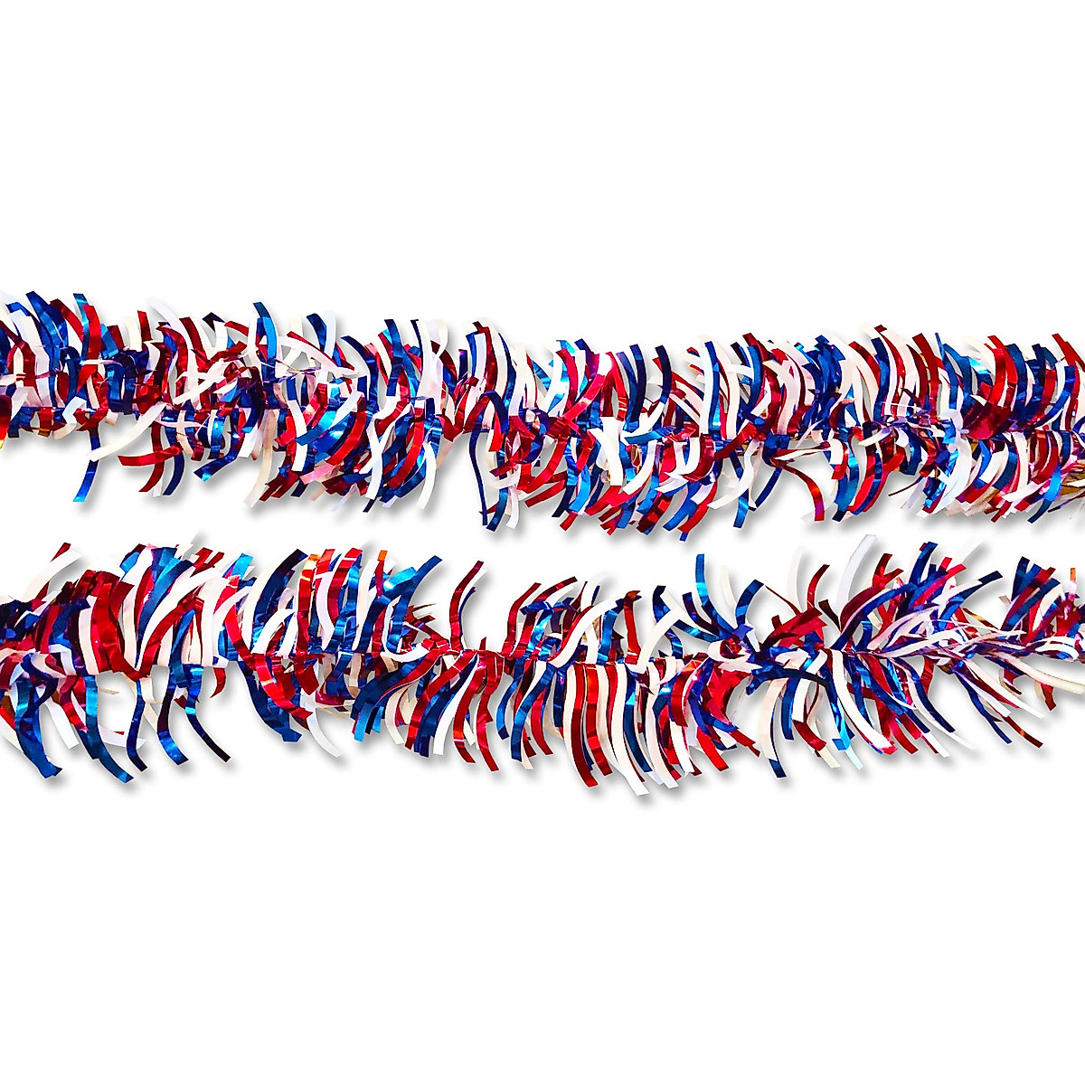 Patriotic Garland Decorations (2 Pack, 9 ft Each) - Tinsel in Metallic Red White and Blue for 4th of July Party, Veterans Day, Labor Day Holiday and More