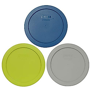 Pyrex 7201-PC 4 Cup (1) Blue Spruce, (1) Edamame Green, & (1) Jet Gray Round Plastic Food Storage Replacement Lid, Made in USA