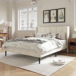 HAOARA Queen Size Bed Frame with Headboard, Velvet Upholstered Platform Bed Frames, Contemporary Mattress Foundation, Noise Free, No Box Spring Needed, Easy Assembly, Beige