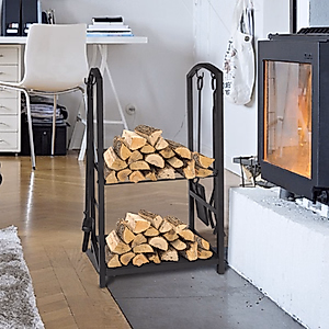 Babylon Fireplace Tools Log Rack Set with 4 Piece Tools Wrought Iron Black Fireplace Tools Firewood Holder Carrier Storage Rack with Brush Shovel Poker Tongs for Indoor Outdoor