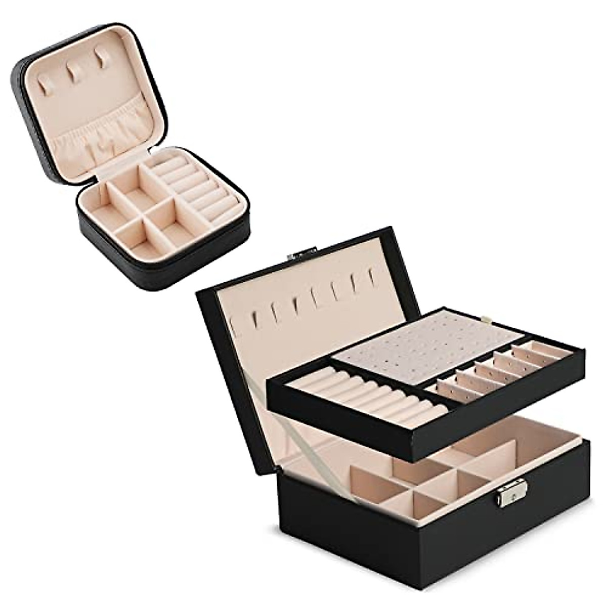 onlyamazing Black Jewelry Box Desk Organizer Set of 2, Portable Jewelry Cases for Home, Travel