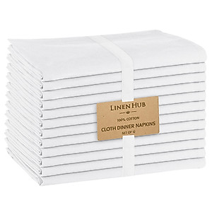 Linen Hub Cloth Dinner Napkins 17x17 - Perfect Everyday Use Cloth Napkins - Soft Absorbent Washable Cotton Napkins - Ideal for Farmhouse Wedding Party Christmas Easter - 100% Cotton Napkins White