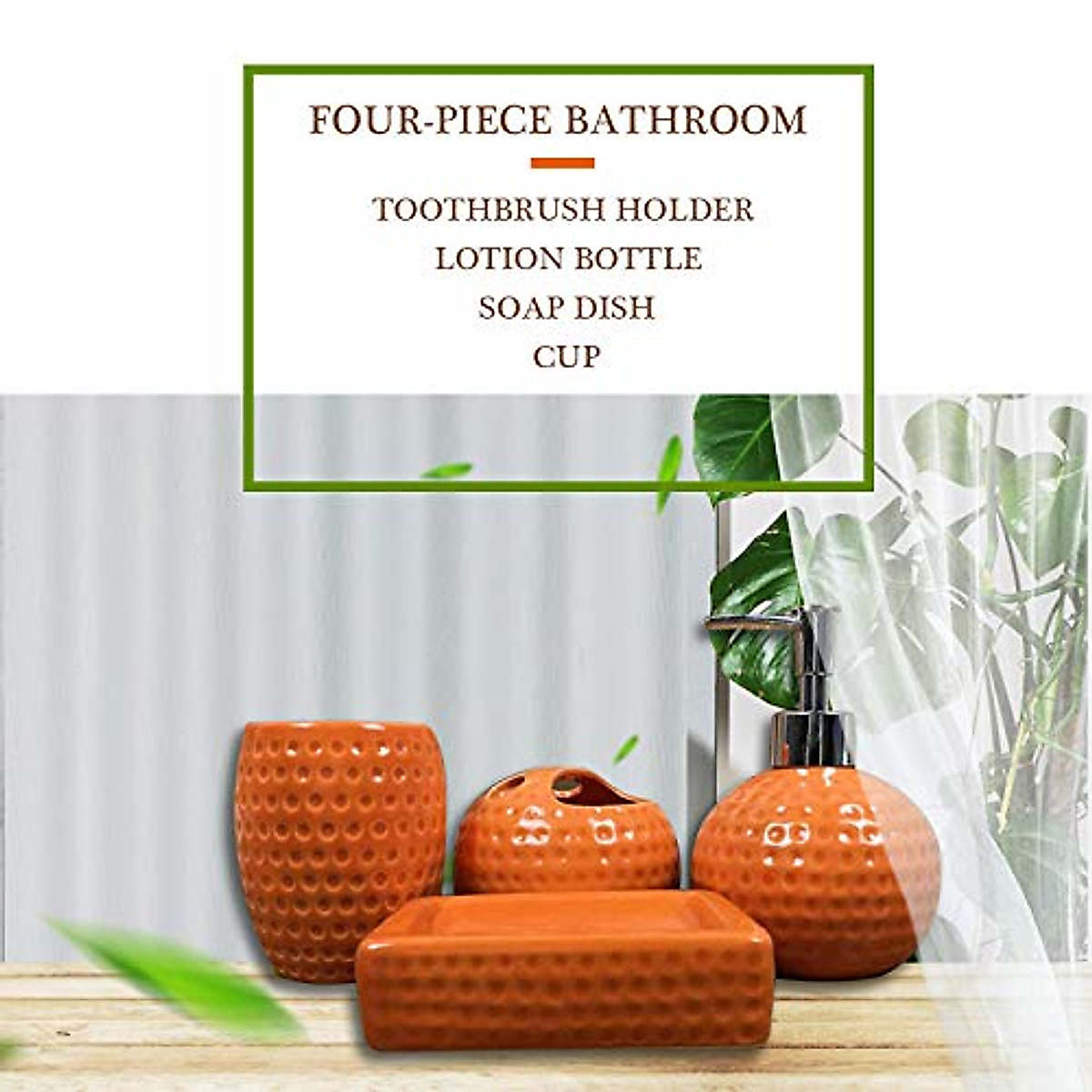 bbruriy 4-Pieces Orange Ceramic Bathroom Decor Accessory Set Includes Soap Lotion Dispenser,Soap Dish,Cup and Toothbrush Holder