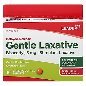 Leader Gentle Laxative, Bisacodyl USP 5 mg, 10 Enteric Coated Tablets (Pack of 4)