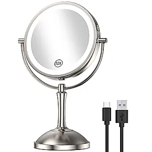 Gospire 8'' Lighted Makeup Mirror with Double Sided 1X/10X Magnification, [54 LED Lights & 3 Color Lighting & Adjustable Brightness] Touch Control Cosmetic Mirror [Rechargeable] Vanity Mirror