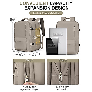 Large Travel Laptop Backpack, Expandable Flight Approved Backpack, Carry on Backpack for Women, Waterproof 17inch Laptop Hiking Backpack with Shoe Compartment, Grey Brown