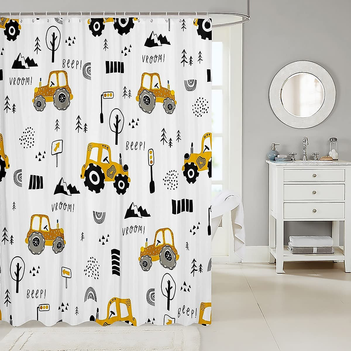 Construction Shower Curtain 72"Wx78"L,Cartoon Car Vehicles Bath Curtain for Toddler Kids,Retro Tractors Trucks Bathroom Curtain,Kawaii Yellow White Home Stalls Bathtubs Decor Boys Truck Room Decor
