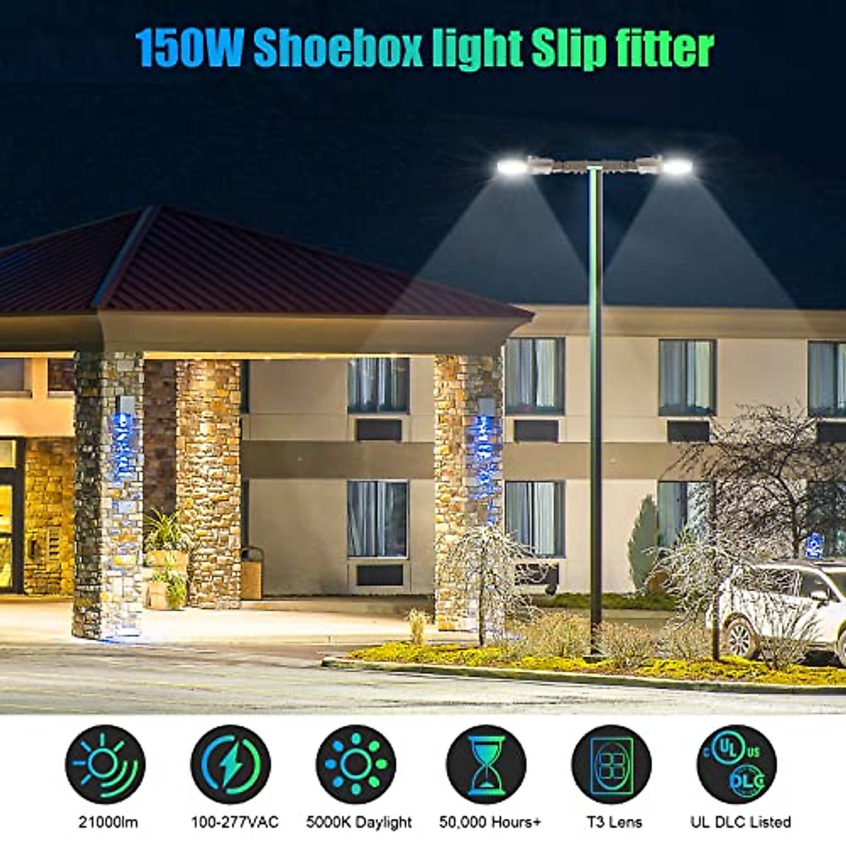 150W LED Parking Lot Area Lights with Photocell 21000LM 650W MH Equiv UL DLC lP65 5000K Dusk to Dawn Street Light Outdoor LED Shoebox Pole Light for Back Yard Roadway Tennis Court Fixture Slip Fitter
