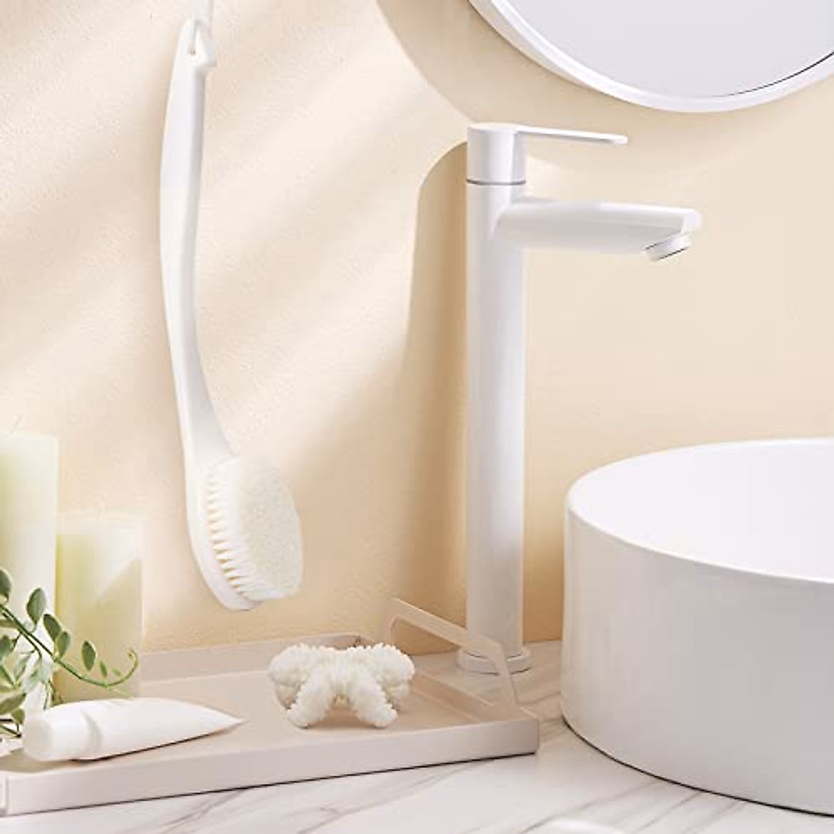 VANZAVANZU Shower Brush, Bath Body Brush with Soft Bristles, Back Brush Long Handle for Shower, Dry Exfoliating Brush or Wet Shower Brush with Moderate Bristles, Cream White