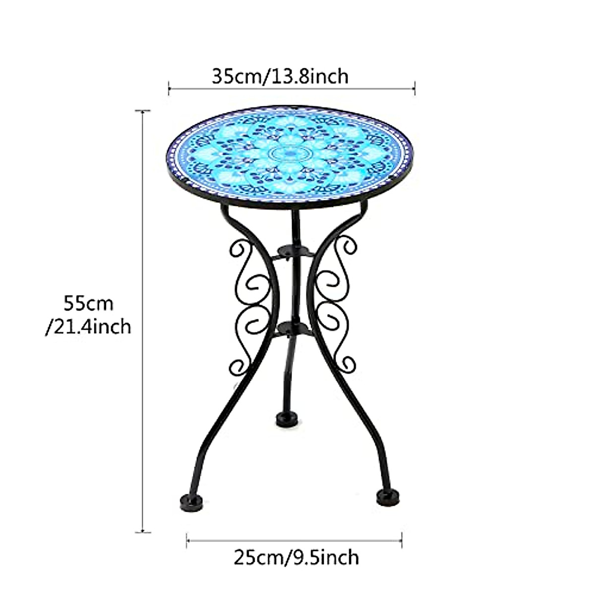Lifoberstar Small Patio Side Table 21" End Table with 14" Blue Mosaic Glass Top Round Accent Table Bistro Balcony Coffee Tables Plant Stand for Livingroom Bedroom Indoor Outdoor Furniture