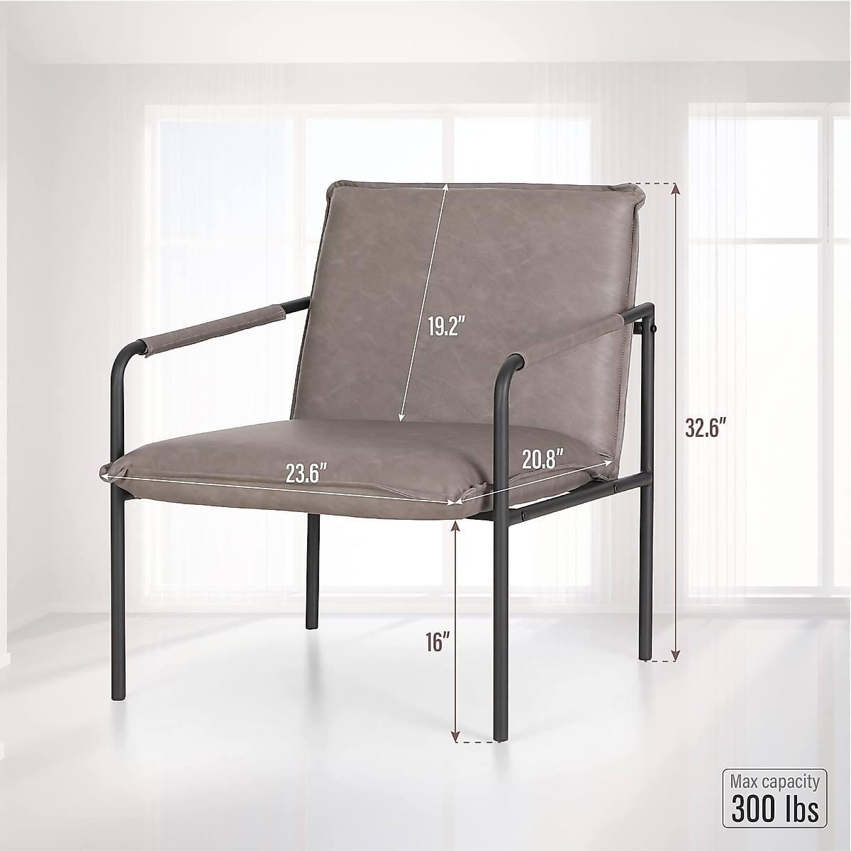 MAISON ARTS Steel Frame Leather Accent Chair Mid Century Modern Lounge Arm Chair Soft Upholstered for Home Office Study Living Room, 350LBS Bear Capacity, Grey