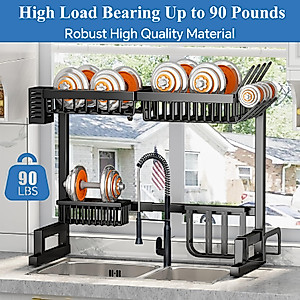 Dish Drying Rack, Over The Sink Dish Drying Rack Length Adjustable (From 33.8" to 41.5"), 2 Tier Large Dish Rack with Cup Holder Utensil Holder Caddy, Kitchen Counter Dish Drainer Organizer, Black