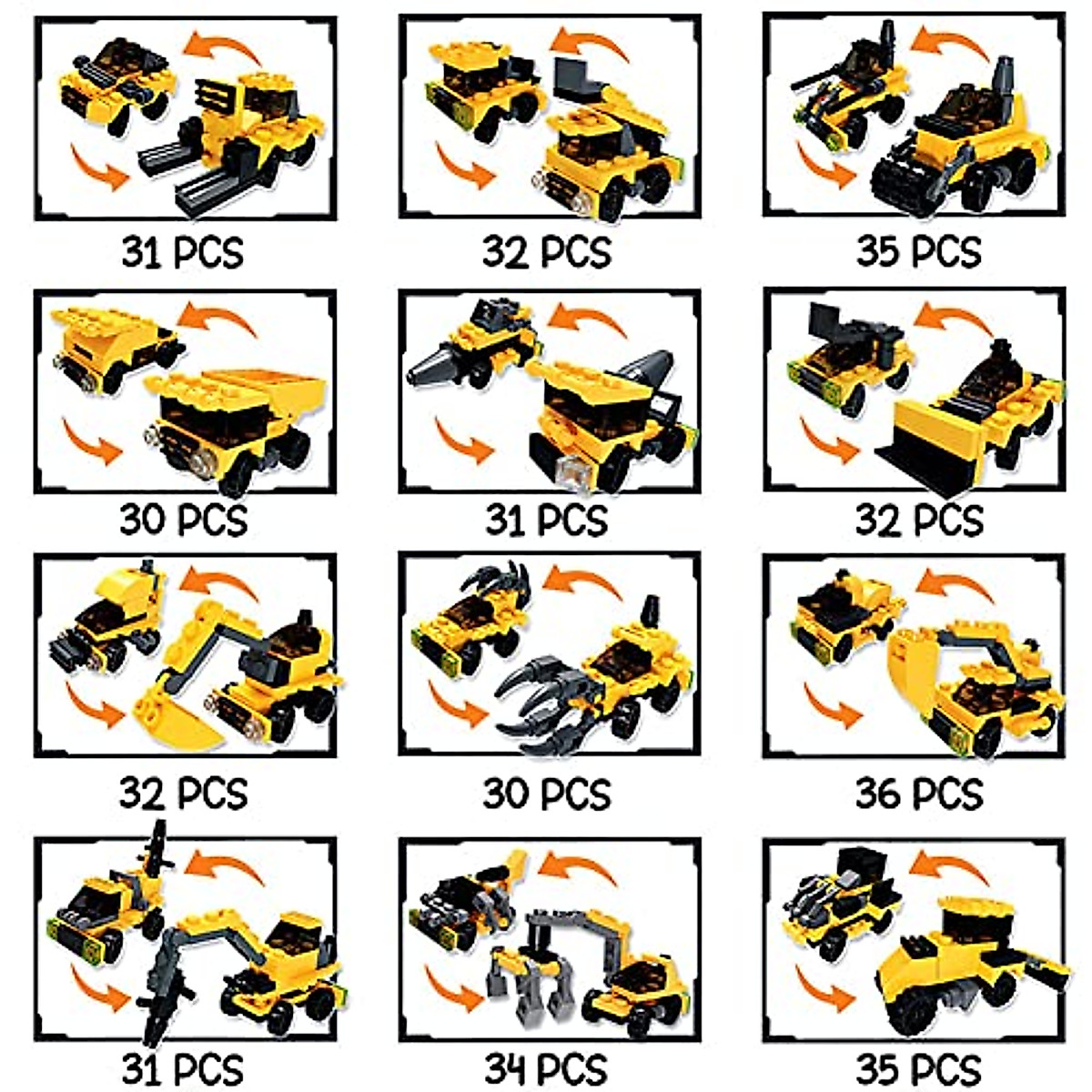 WODMAZ 24 Packs Construction Vehicles Building Blocks for Kids, 12 in 1 Car Sets Block Kits for Goodie Bags Birthday Gifts Stocking Stuffers Easter Valentines