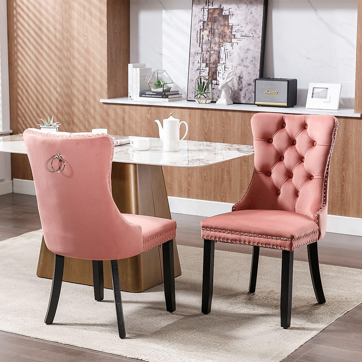 Rhomtree Contemporary Button Tufted Dining Chairs High-end Velvet Upholstered Dining Chairs with Nailhead Back and Ring Pull Trim Wood Kitchen Chairs for Dining Room (Pink 01, Set of 8)