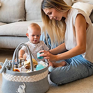 Cradle Star Diaper Caddy Organizer – Portable Baby Basket Diaper Storage Organizer with Compartments – Baby Diaper Caddy for Changing Table Nursery, Elephant Baby Shower Gifts - 100% Cotton Rope, Gray