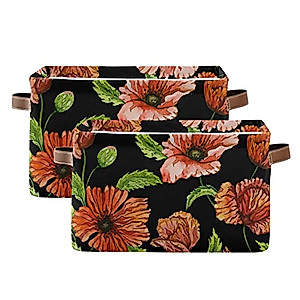 Red Poppy Square Storage Basket Flowers Black Storage Bins Canvas Toys Box Closet Shelf Decorative Organizer Bag with Handles for Bedroom Home Office, 1 Pc