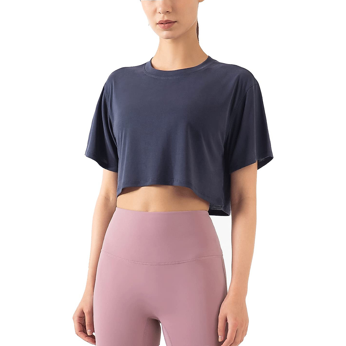 Gnveub Women's Lightweight Short Sleeves Yoga Shirt Soild Basic Crew Neck Crop Tops Athletic Workout Top(Navy,M)