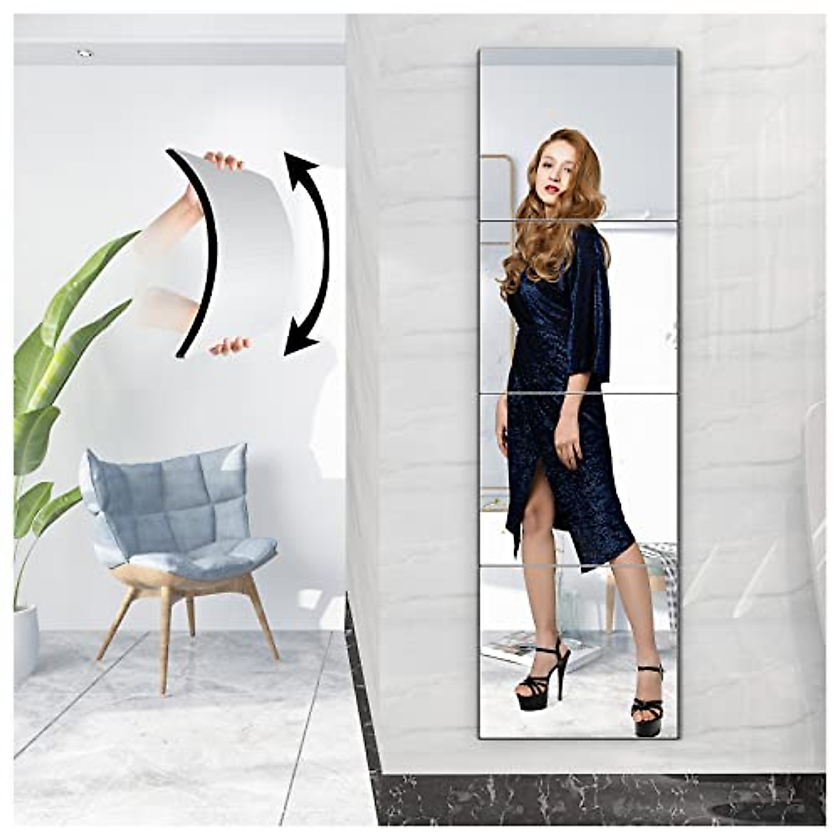 Unbreakable Full Length Mirror Wall Mounted Cheap,Extra Thick 0.14",48"x12" 4Pcs 12"x12",Made of Shatterproof Plexiglass Acrylic,Long Mirrors for Bedroom,Workout Mirrors for Home Gym Wall