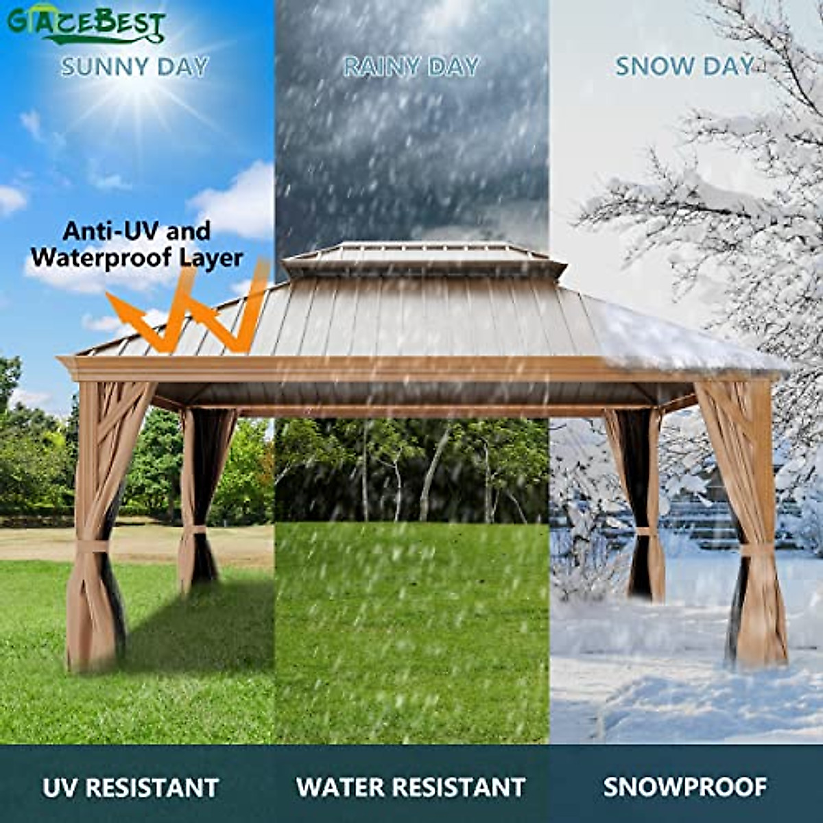 GAZEBEST 12' X 16' Permanent Hardtop Gazebo, Outdoor Galvanized Steel Double Roof Pavilion Canopy with Wood-Grain Coated Aluminum Frame and Privacy Curtains for Garden Patio,Backyard,Deck and Lawns