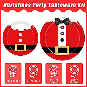 Kepeel 96 Pcs Santa Christmas Paper Plates Santa Claus Suit Disposable Party Plates Napkins Set Merry Christmas Holiday Dinnerware Party Decoration Supplies, Serves 24