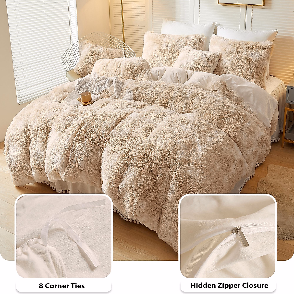 LIFEREVO Luxury Fluffy Faux Fur Duvet Cover Set, Tie Dye Plush Fuzzy Duvet Cover Set(1 Print Shaggy Comforter Cover+2 Furry Pillow Shams)Bedding Set, Zipper Closure(Full/Queen, Off White/Light Beige)