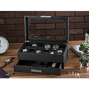 Glenor Co Watch Box with Valet Drawer for Men - 12 Slot Luxury Watch Case Display Organizer, Carbon Fiber Design - Metal Buckle for Mens Jewelry Watches, Men's Storage Boxes Holder has Large Glass Top