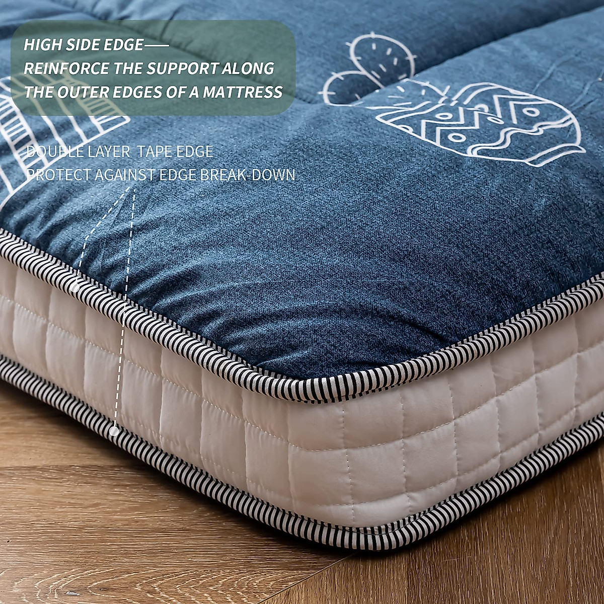 MAXYOYO Futon Mattress, Grey Cactus Pattern Japanese Floor Mattress Queen Size, Quilted Bed Mattress Tatami Mattress, Extra Thick Folding Sleeping Pad Breathable Guest Bed for Camping Couch