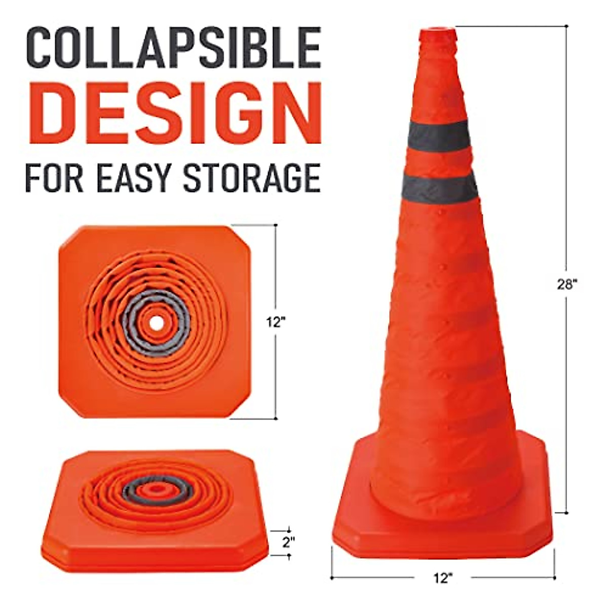 Cartman 4 Pack 28 Inch Collapsible Traffic Cones with LED Light, Multi Purpose Pop up Reflective Safety Cones, Pack of 4, Battery Included
