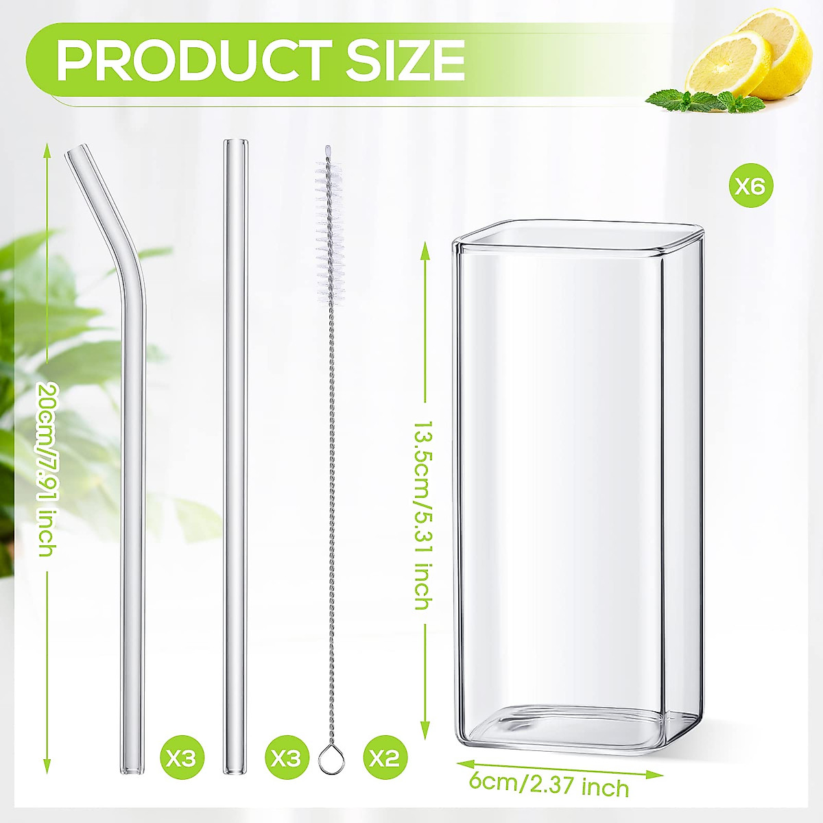 6 Pieces Square Drinking Glasses 13 oz Square Glass Cups Modern Highball Glasses Thin Cute Cocktail Glasses Glassware with Straws and Straw Brushes for Coffee Water Juice Beer Mixed Drink Tumbler