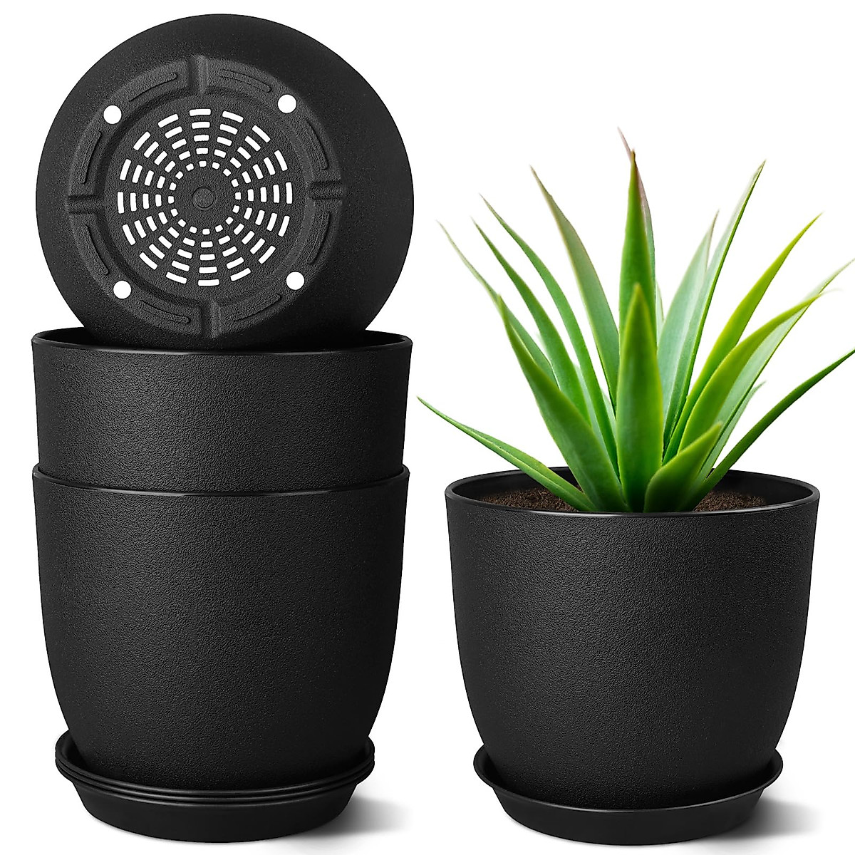 Moneysdodo 8 inch Plant Pots Set of 4 Pack, Plastic Planters with Drainage Holes and 4 Saucers, Morden Decorative Creation Flower Pots for Indoor & Outdoor Garden House Plants, Black