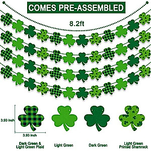 4PCS Felt Shamrock Clover Garland Banner - NO DIY, St. Patrick's Day Decorations - Buffalo Plaid Dark Green Light Green Happy St. Patrick's Day Banner for Home Mantel Office Irish Day Party Supplies