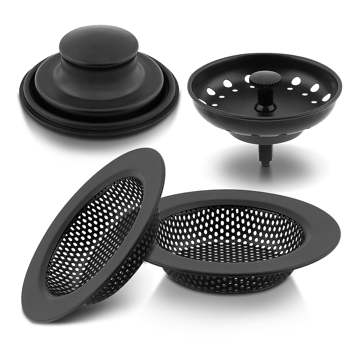 Kitchen Sink Stopper Strainer Set, 2 Stainless Steel Mesh Sink Drain Basket +1 Sink Drain Strainer +1 Sink Stopper for Kitchen Bathroom Sinks Bathtubs Replacement Sink Accessories(Black)
