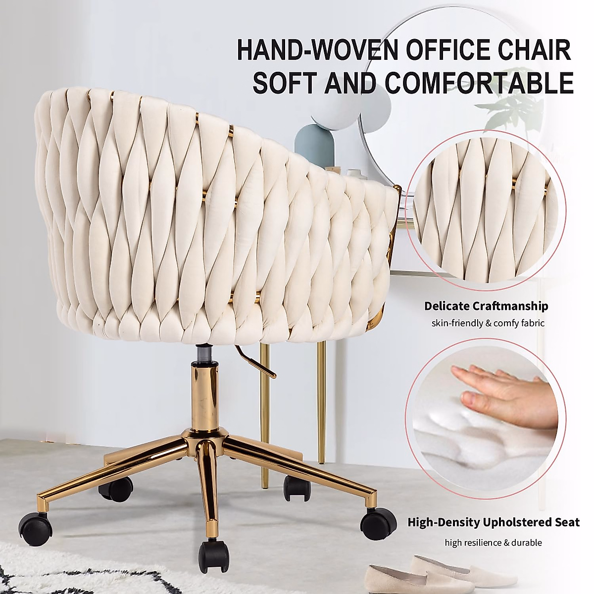 linting Velvet Office Desk Chairs Vanity Chairs with Gold Base Height Adjustable Mid Back Makeup Chairs with Wheels for Women, Hand-Woven Accent Chairs Armchair, Beige