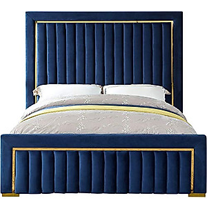 Meridian Furniture Dolce Collection Modern | Contemporary Velvet Upholstered Bed with Luxurious Channel Tufting and Gold Metal Trim/Legs, Queen, Navy