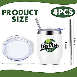 Mifoci 4 Pcs Tennis Tumbler Cups 12 oz Insulated Stainless Steel Wine Glass Tennis Wine Tumbler Gift Tennis Travel Mug with Straw and Lid Tennis Coffee Mug Cup Tennis Gifts for Women Men Tennis Lovers