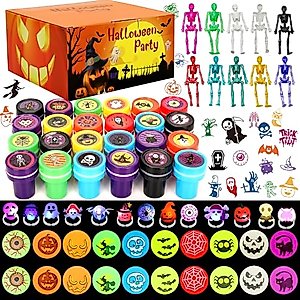 96pcs Halloween Party Favors for Kids, Halloween Party Goodies Bags Toys with Stretchy Skeletons Stamps Glowing Bouncy Balls and LED Flash Rings, Halloween Prizes for Trick or Treat School Classroom Rewards for Kids Boys Girls