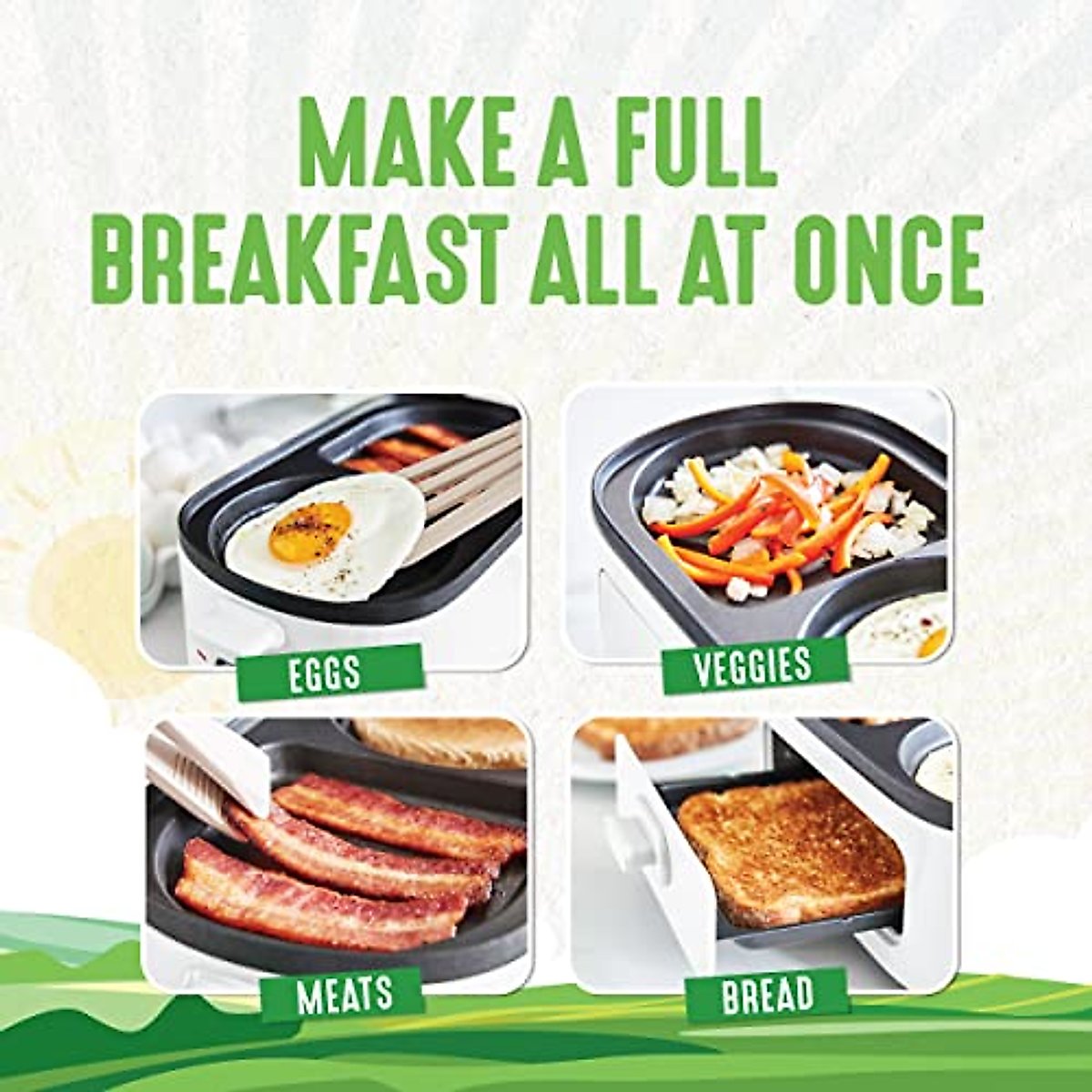 GreenLife 3-in-1 Breakfast Maker Station, Healthy Ceramic Nonstick Dual Griddles for Eggs Meat and Pancakes, 2 Slice Toast Drawer, Easy-to-use Timer, White