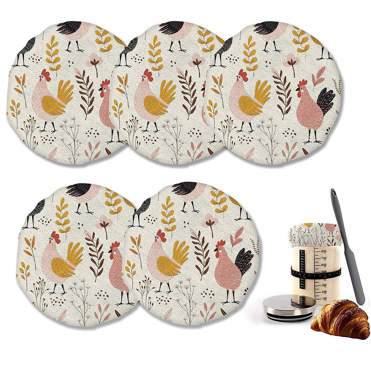 Rooster Floral 5- Pack Cloth Covers for Sourdough Starter Jar, Cloth Jar Covers Reusable Cloth Lid Top Cover Sourdough Proofing Bowl Cover Bread Fermentation Baking Supplies for 3-4 Inch Jar Mouth