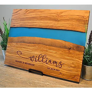 Personalized Cutting Board Wedding Gift Olivewood Blue River Epoxy Live Edge Display Custom Engraved Charcuterie Unique Beautiful Anniversary Newlywed Couple Parents Housewarming (Wedding Anniversary)